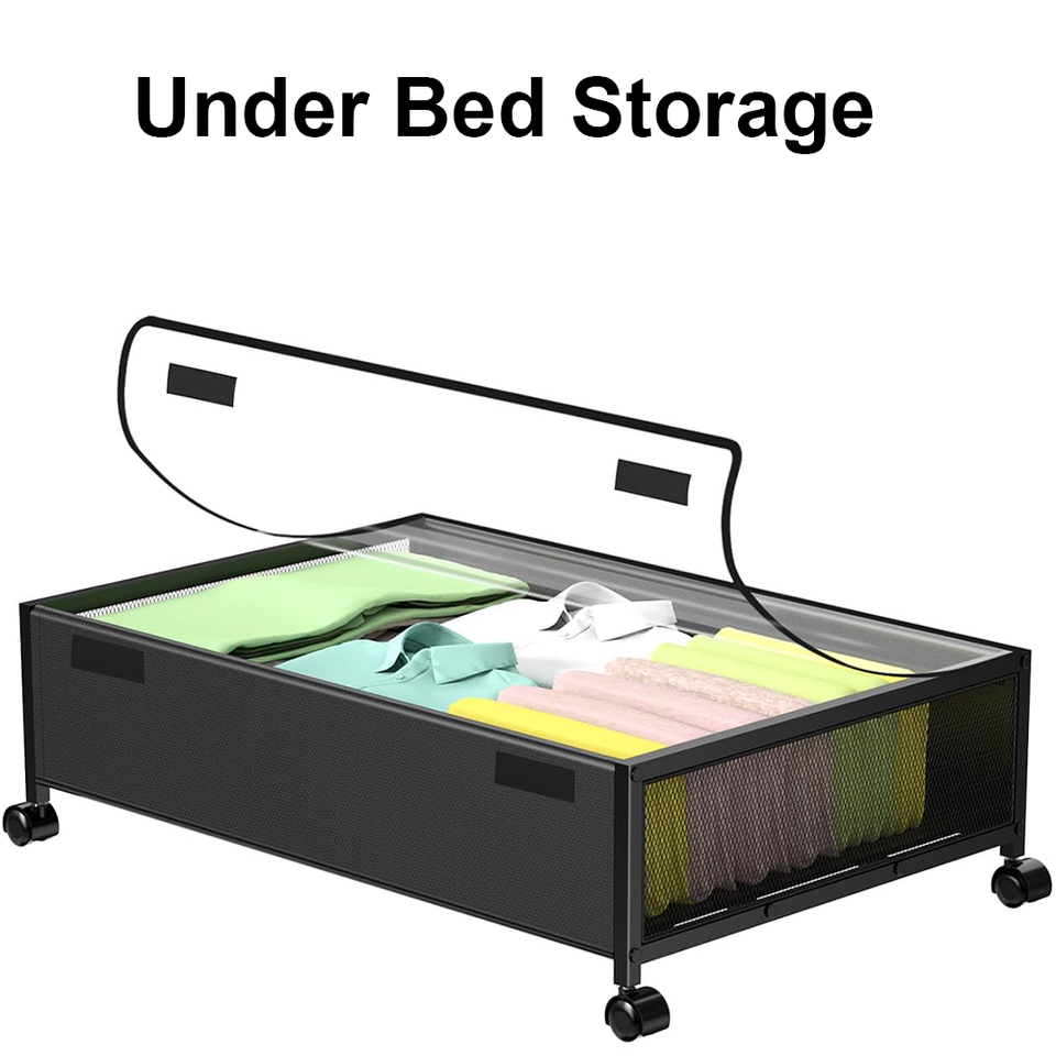 Underbed Storage Box on Wheels Lid Under Bed Sofa Portable Dustproof ...