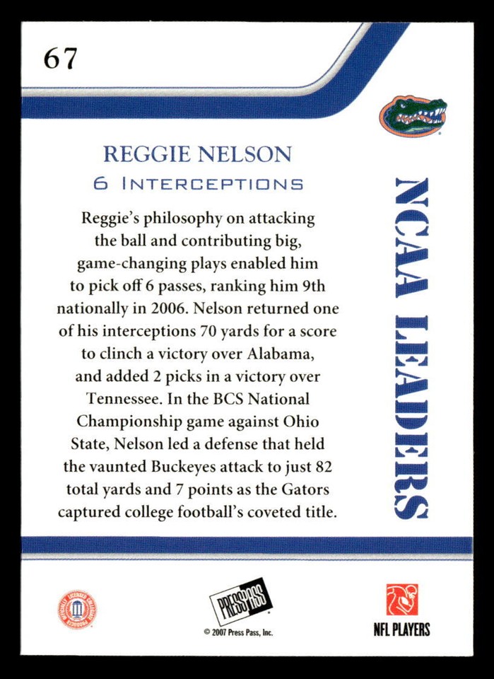 Reggie Nelson 2007 Press Pass Card #67 Florida Gators | eBay