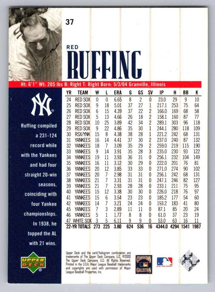 2000 Upper Deck Yankees Legends #37 Red Ruffing | eBay