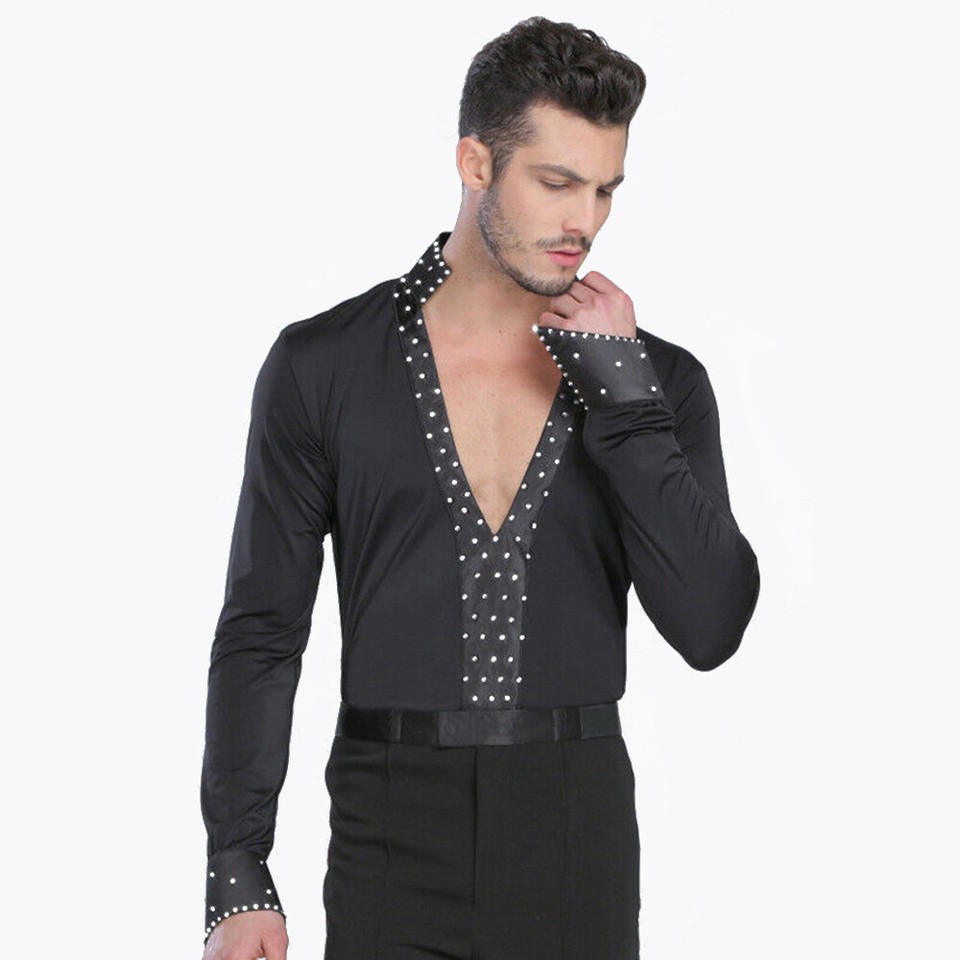 Mens Tango Latin Salsa Dance Shirt V-Neck Top Practice Dancewear ...