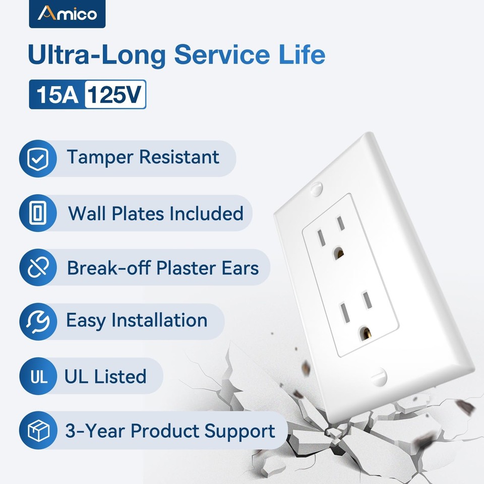 50 Pack Wall Outlet, 15 Amp Outlets, UL Listed, Tamper Resistant ...