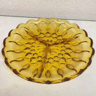Vintage Indiana Amber Glass Serving Dish 3 Way Divided Plate Scalloped ...