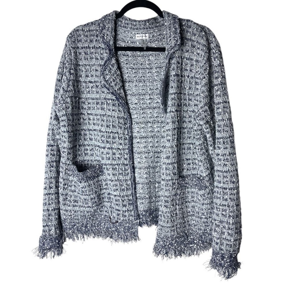 Sioni Blue Tweed Fringe Hem Open Front Cardigan Sweater Jacket XL | eBay