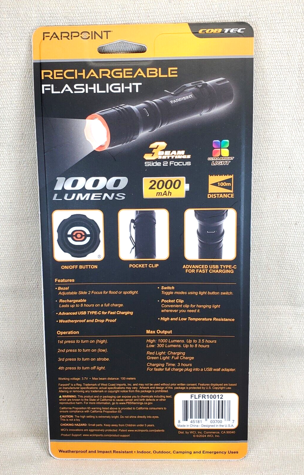 Farpoint Platinum Series COB TEC Rechargeable Flashlight 1000 Lumens ...
