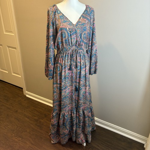 Boemo Anthropologie Dress Women’s Large Pink Long Sleeve Paisley Maxi ...