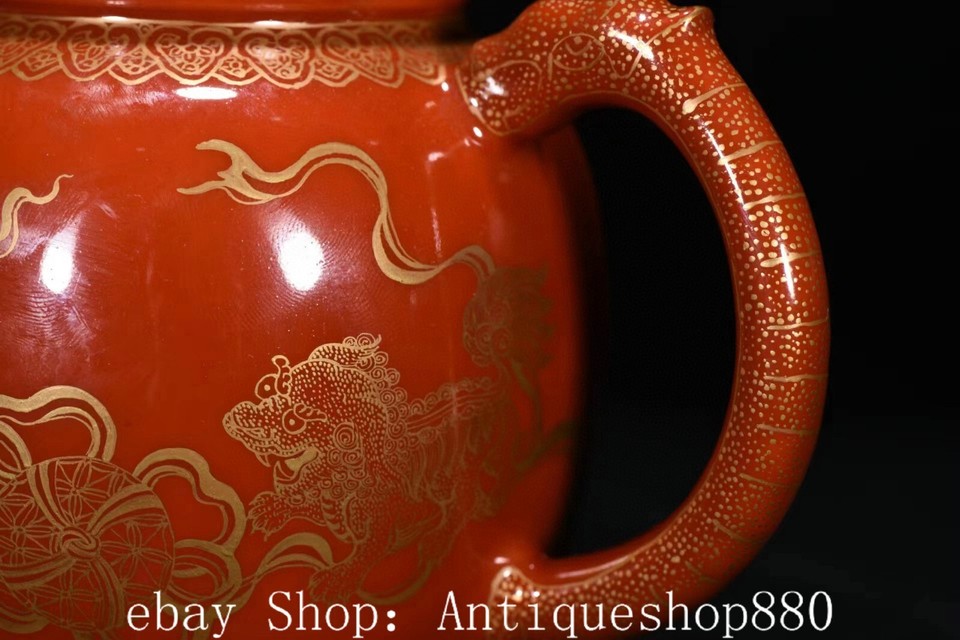 6" Qianlong Marked Carmine Red Porcelain Gilt Foo Fu Dog Teapot ...