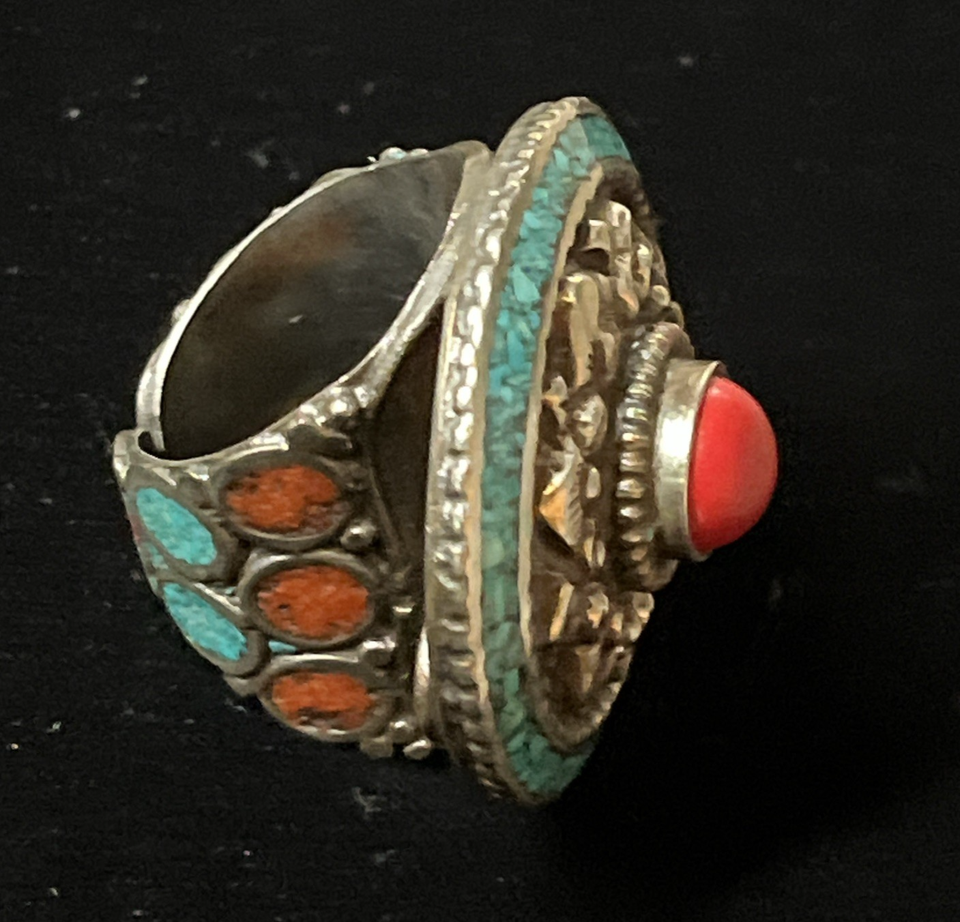 Vintage Southwestern Inlaid Turquoise Tibetan Coral Shield Ring Size 8 ...