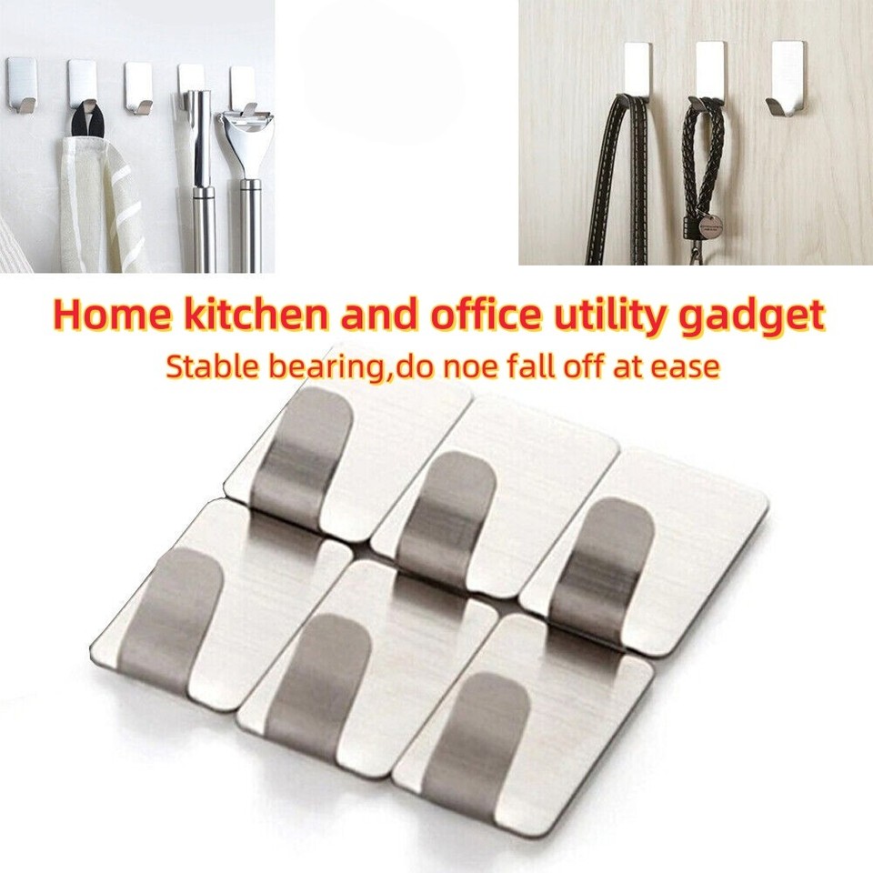 5 x Self Adhesive Hooks Stainless Steel Strong Silver Sticky Stick on ...