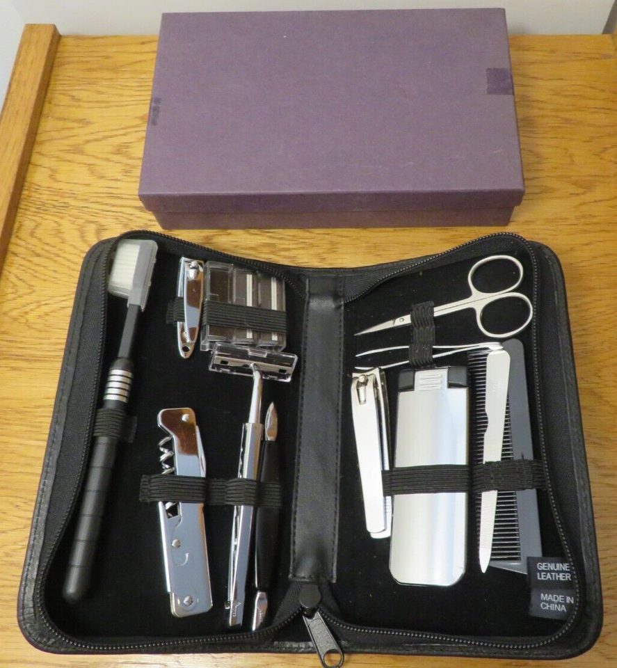 ORVIS GENUINE LEATHER Toiletry Kit Case Bag Travel Black with Box 12 ...
