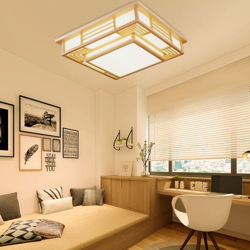 Modern Simple Ceiling Light LED Square Pendant Lamp Fixture Remote Wood ...