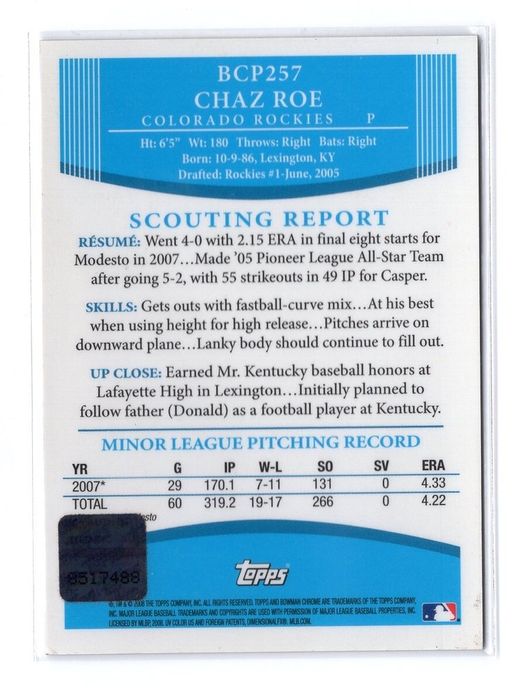 Baseball Card - 2008 Chaz Roe BCP257 Auto - Colorado Rockies Bowman ...