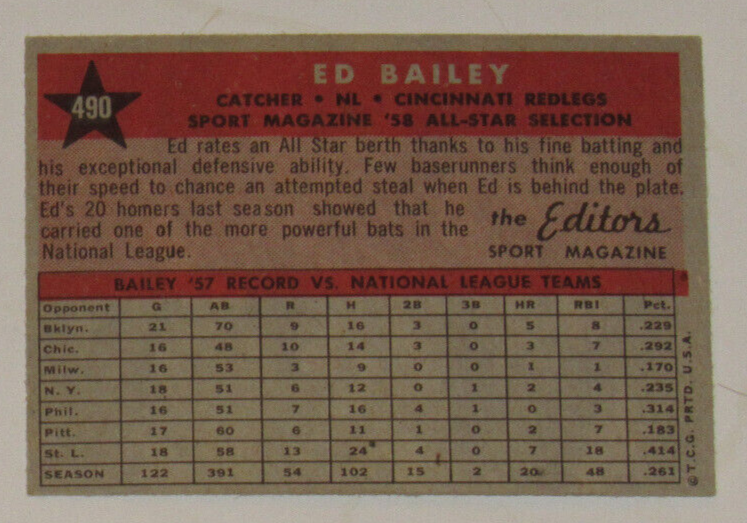 1958 Topps Baseball All Star Ed Bailey Card #490 | eBay