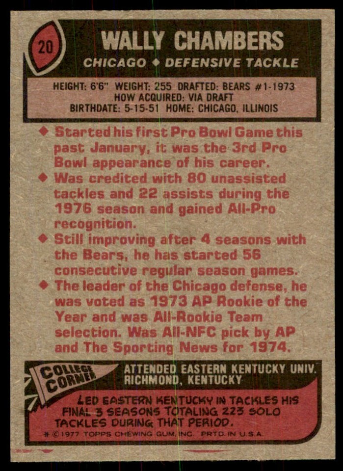 1977 Topps Wally Chambers NM or Better Chicago Bears #20 | eBay