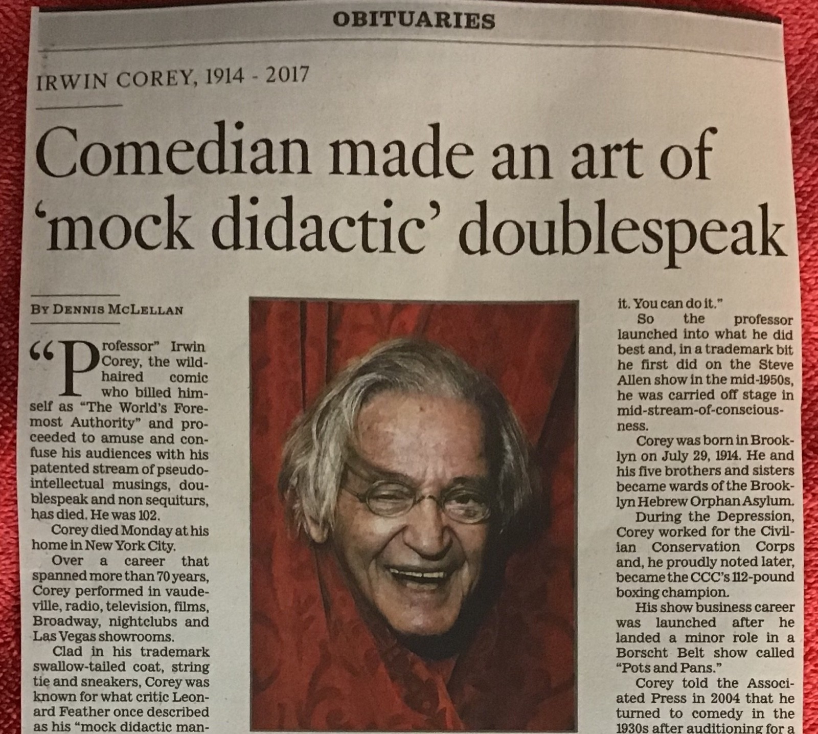 IRWIN COREY 1914 - 2017 OBITUARY COMEDIAN MOCK DIDACTIC DOUBLESPEAK | eBay