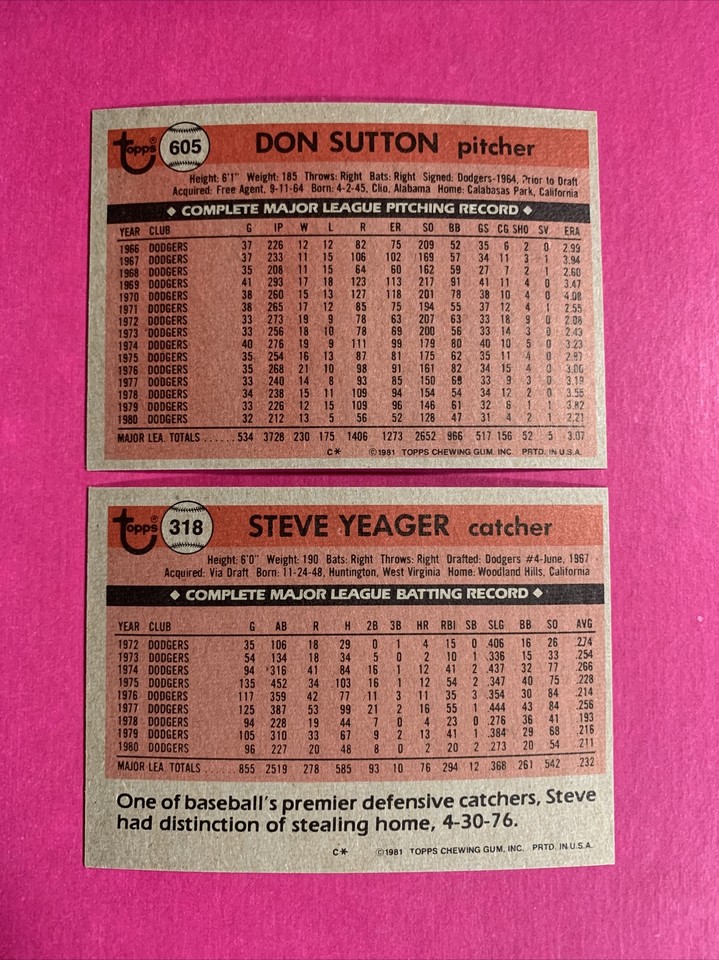 🐶 1981 Topps Don Sutton #605 & Steve Yeager #318 LA Dodgers | eBay