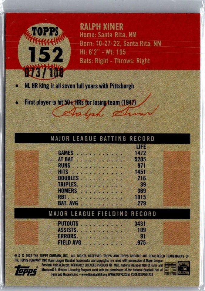 Ralph Kiner 2022 Topps Chrome Platinum #152 Blue Atomic Refractor /100 ...