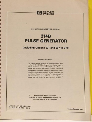 HP 00214-90012 214B Pulse Generator (Opt 001/907-910) Operating ...