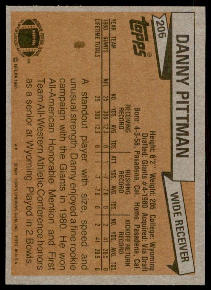 1981 TOPPS DANNY PITTMAN RC NEW YORK GIANTS #206 | eBay