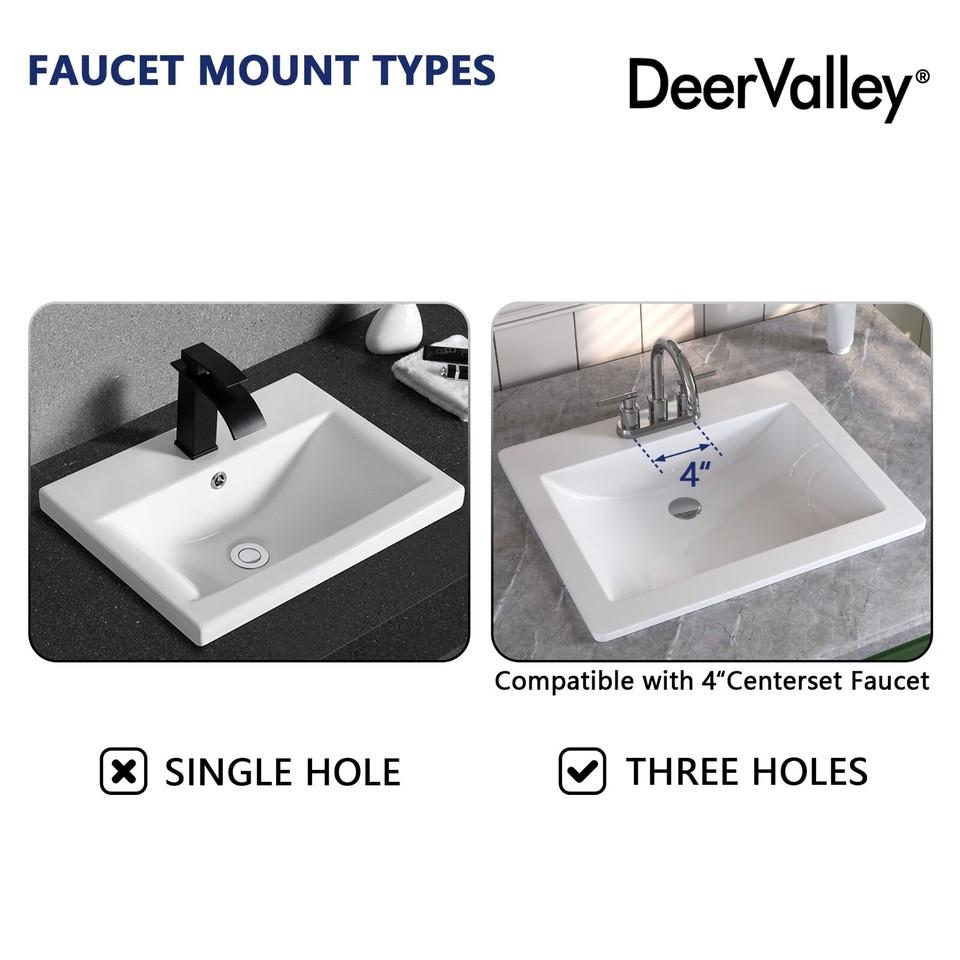 DeerValley 21" Ceramic Drop-In Sink Bathroom Sink in White w/ Three ...