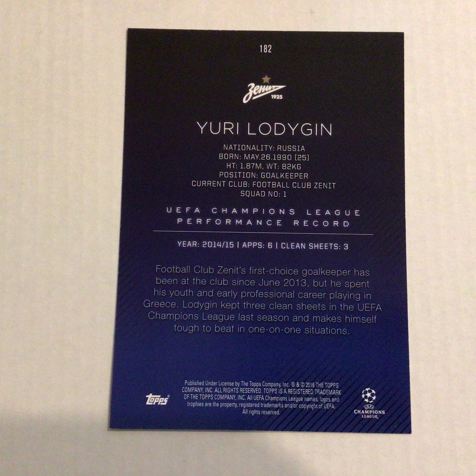 YURI LODYGIN #182 Club Zenit 10/10 Made 2015-2016 Topps Champions UEFA ...