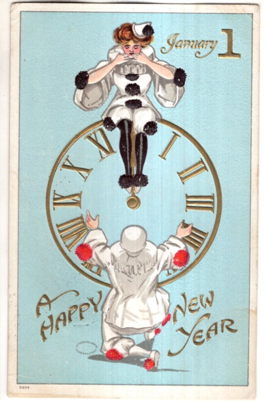 ANTIQUE EMBOSSED NEW YEAR Postcard TWO CLOWNS, LADY SITTING ON CLOCK ...