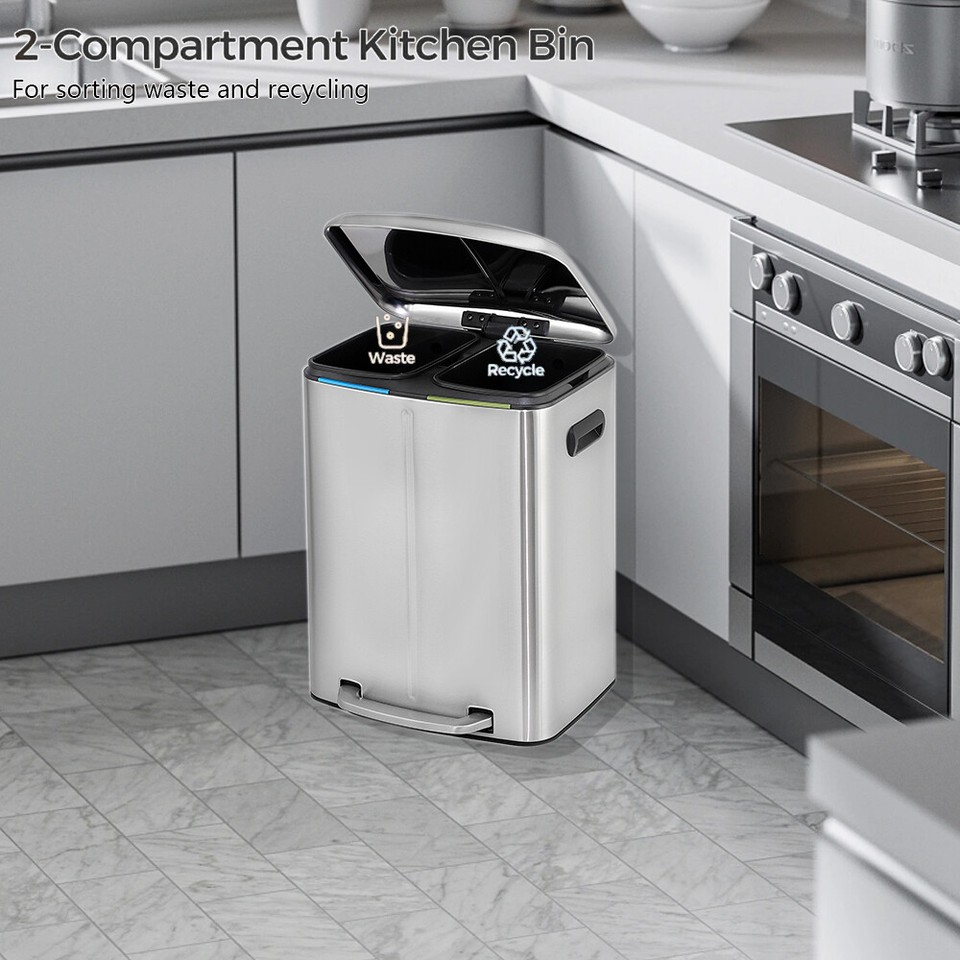 Double Rubbish Bin, Dual Compartment Metal Step Bin, with Plastic Inner ...