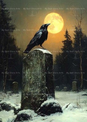 GOTHIC RAVEN ART PRINT, Crow Tombstone Decor, Graveyard Fantasy ...