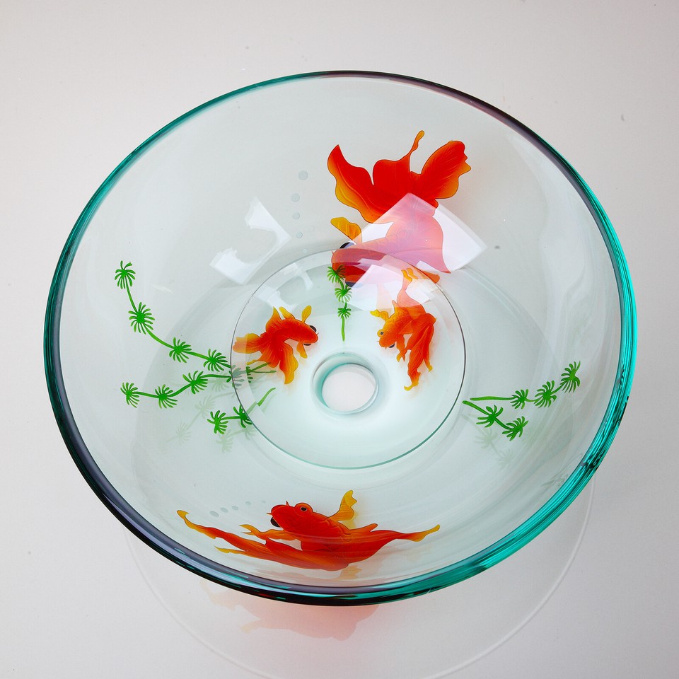 Bathroom Sink Bowl Vessel Basin Goldfish Glass Chrome Waterfall Faucet ...