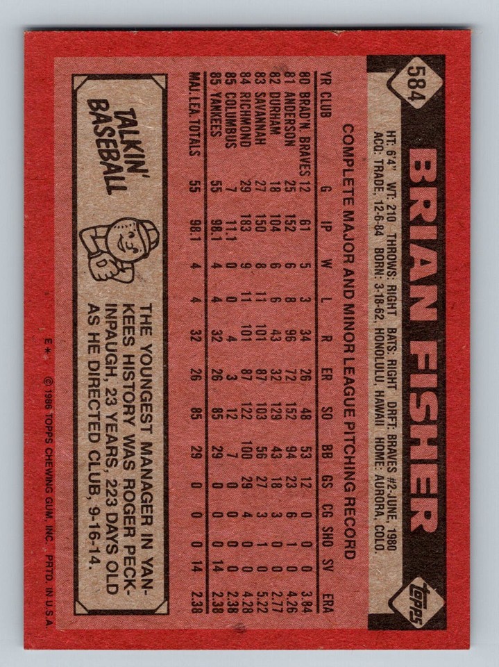 1986 Topps #584 Brian Fisher New York Yankees | eBay
