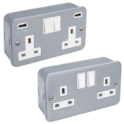 METAL CLAD 13 Amp Double 2 Gang Switched Socket Industrial Wall USB ...
