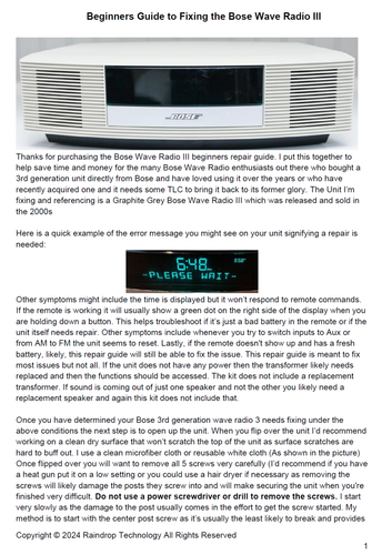 Bose Wave Radio 3 III *Repair DIY SERVICE KIT* self repair guide Free ...