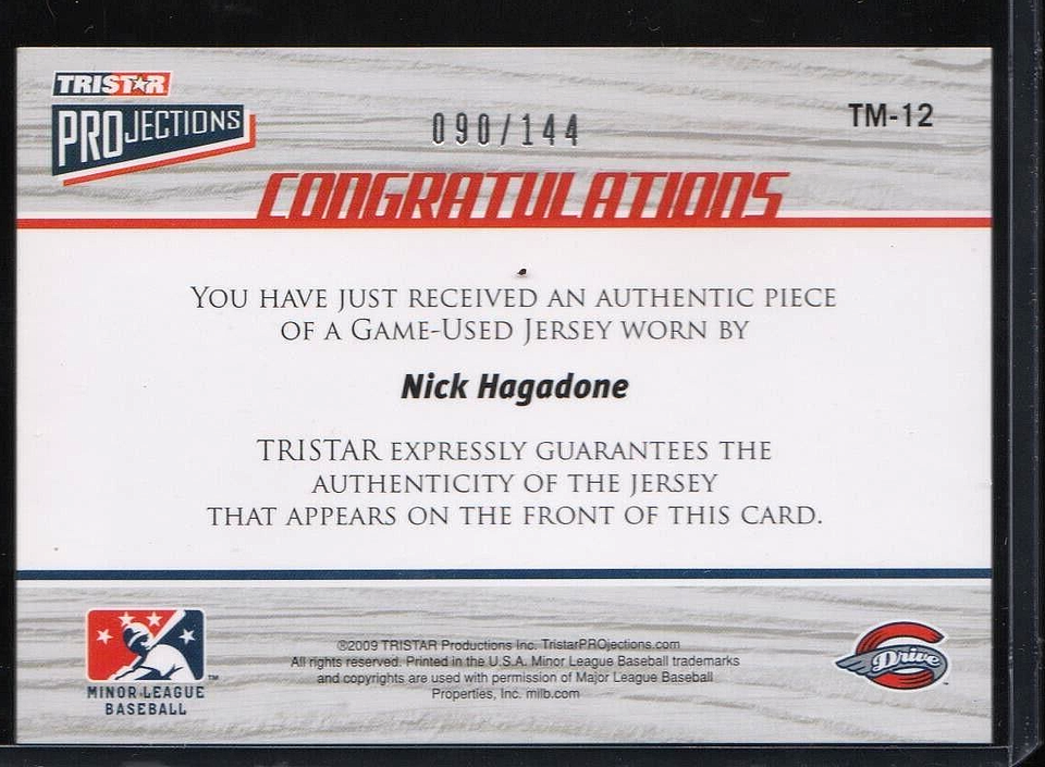 Nick Hagadone 2009 TriStar Projections Tailor Made Game-Used Jersey 090 ...