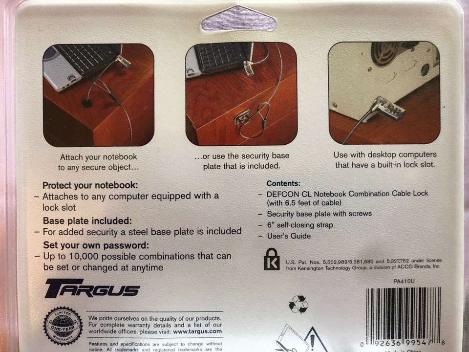 Targus DEFCON T-Lock Resettable Combo Cable Lock for Laptop Computer ...