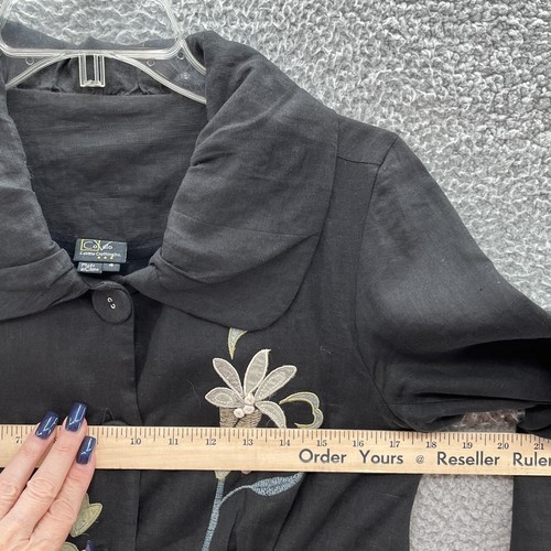 CoVelo Clothing Jacket Womens 4 Black Linen Floral Applique Art to Wear ...
