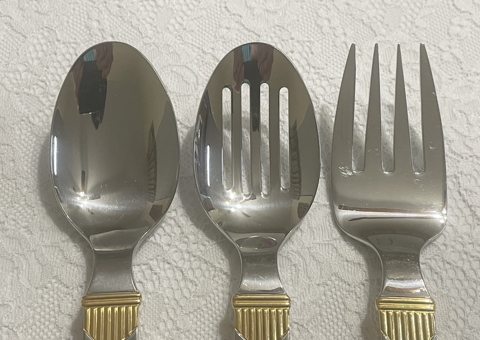 3 Pc Mikasa DIRECTION GOLD Solid Serving Spoon, Pierced Serving Spoon ...