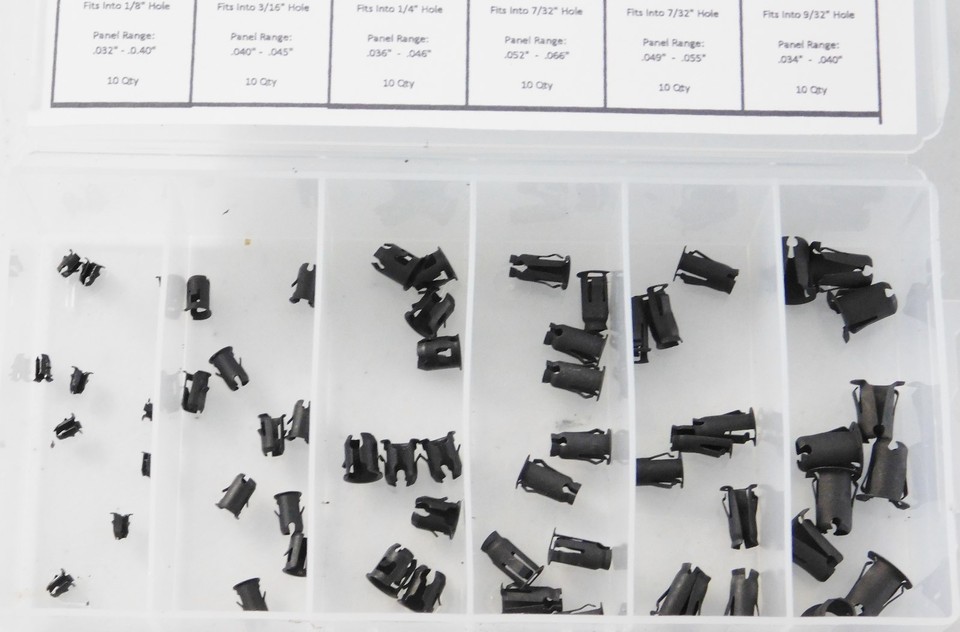 60 pcs 6 Sizes Script Clips Barrel Tubular Emblem Nuts Assortment Fits ...