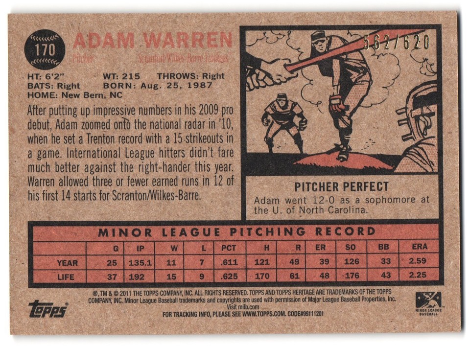 Adam Warren 2011 Topps Heritage Minor League Blue Tint #170 SN620 | eBay