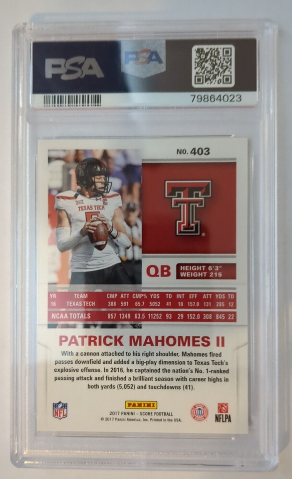 PATRICK MAHOMES 2017 PANINI SCORE #403 RC ROOKIE CARD CHIEFS PSA 10 GEM ...