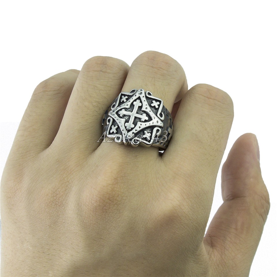 Men's Vintage Silver Coptic Christian Cross Stainless Steel Shield Ring ...