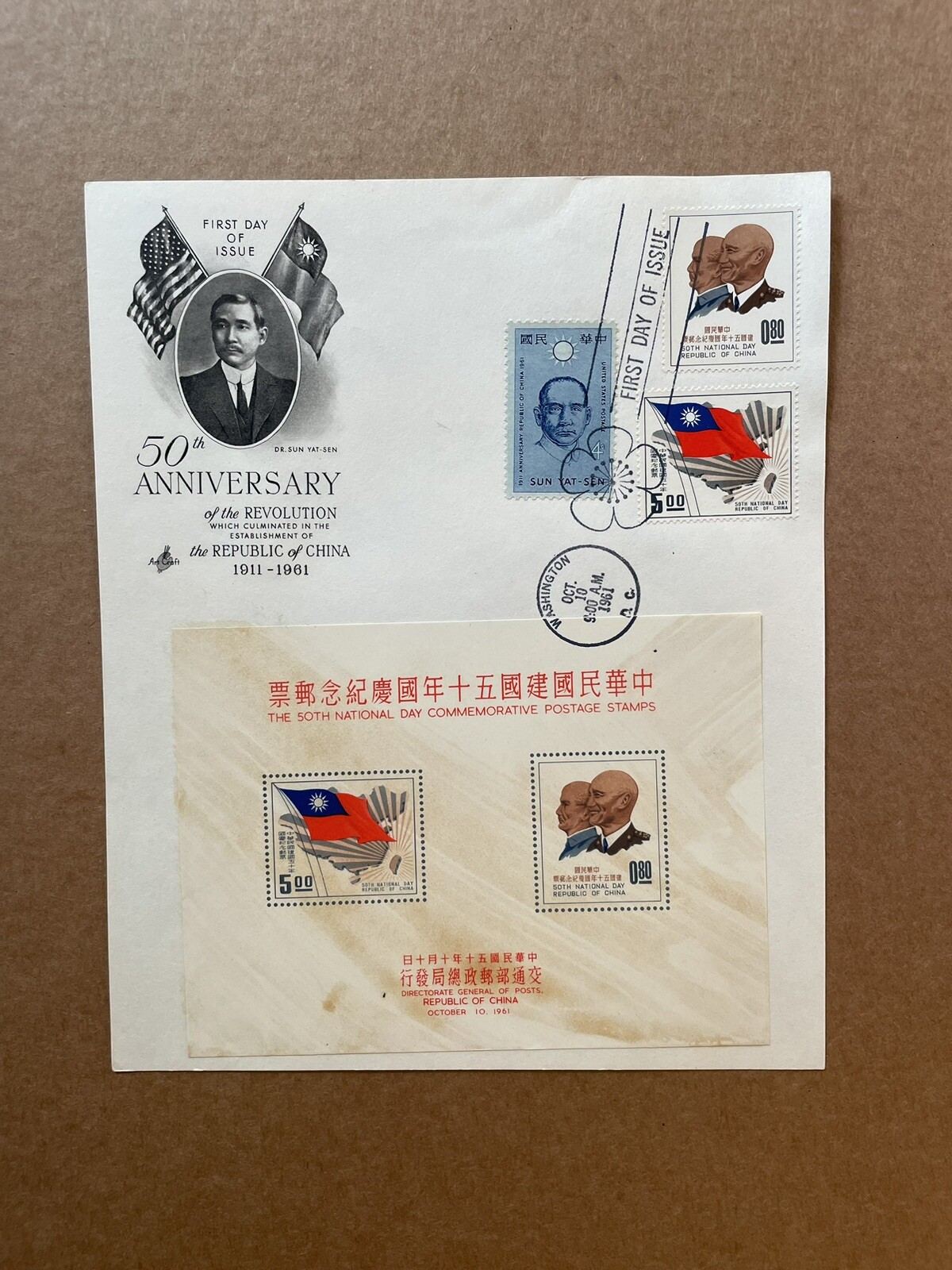 US/Taiwan 1961 Dual FDC Card +Franking US #1188 +Taiwan #1321-2 +1322a ...