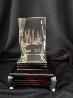 New York City Skyline Twin Towers Etched Glass Paperweight Light Up ...