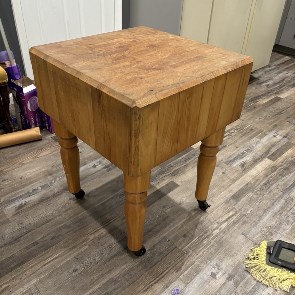 Classic Vintage Wooden 10” Thick Butcher Block Solid 24”x24”x31” Legs w ...