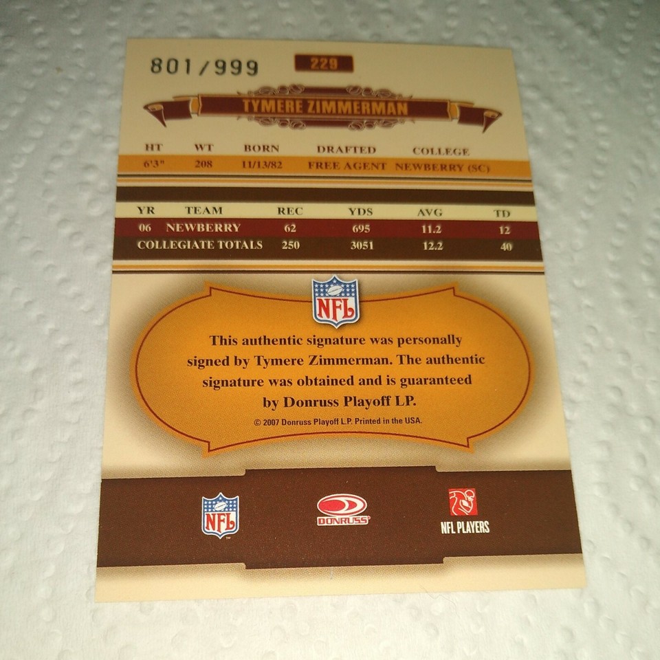 Tymere Zimmerman 2007 Classics Autograph Rookie #229 Newberry Indians ...