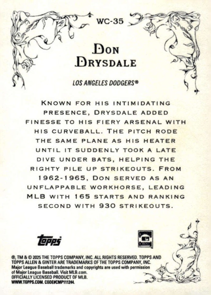 DON DRYSDALE 2025 Allen Ginter Wicked Curves #WC-35 Dodgers MLB ID ...