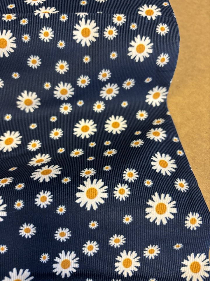 5.3 Metres Navy Blue Daisy Floral Printed 100% Cotton Needlecord Fabric ...