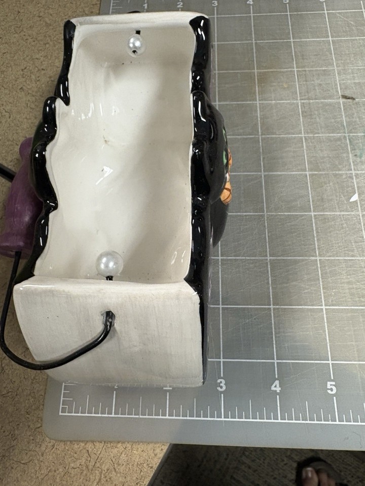 Halloween Bat Trick or Treat Ceramic Candy Dish Wood, Wire Handle Palm ...