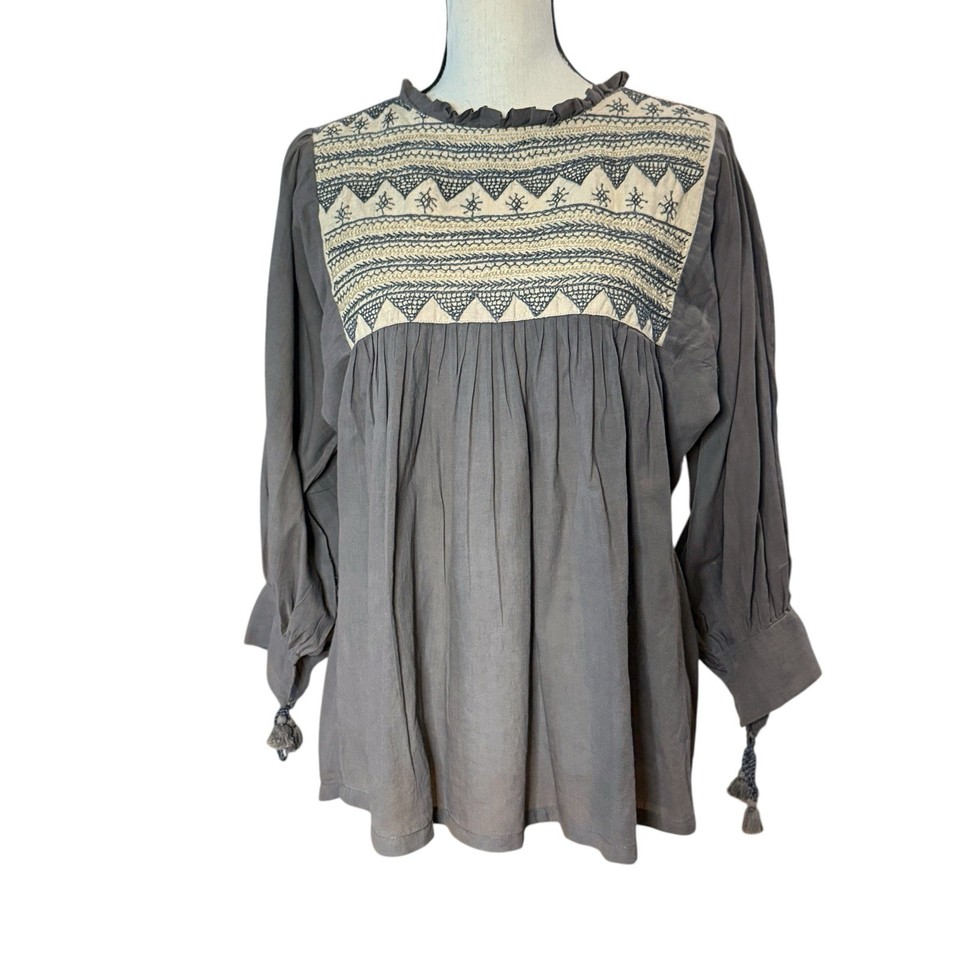 Alamwar Walk The Earth Embroidered Boho Peasant Long Sleeve Top Small ...