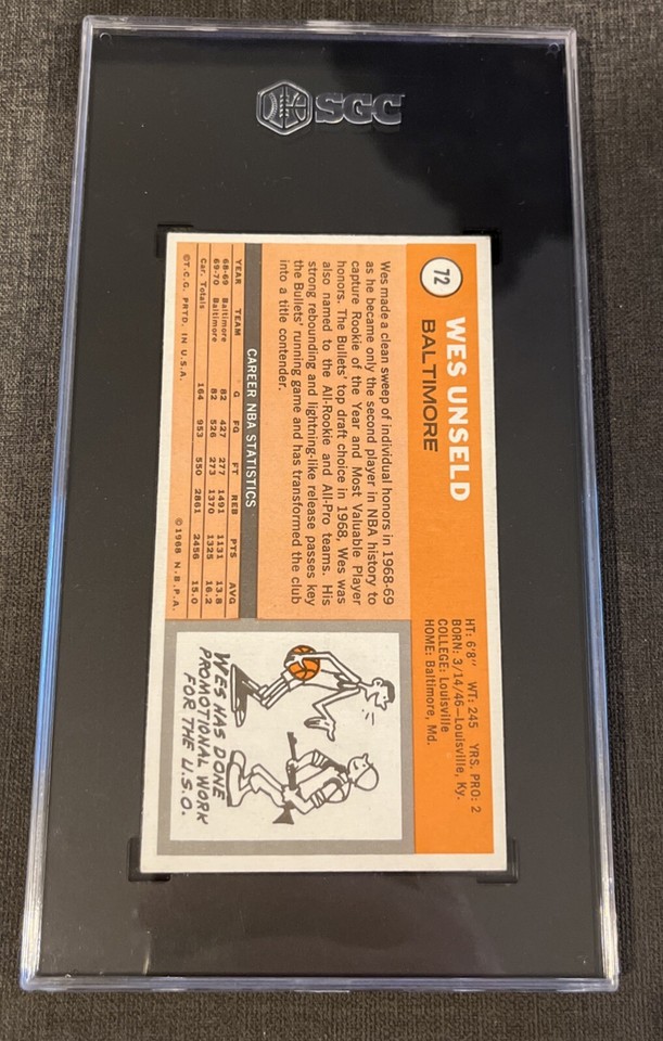1970 Topps Basketball Wes Unseld # 72 SGC 5 EXcellent Baltimore HOF Eye ...