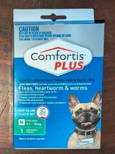 1 X Elanco Comfortis Plus Medium Dog 9.1-18kg Fleas Heartworm Worms ...