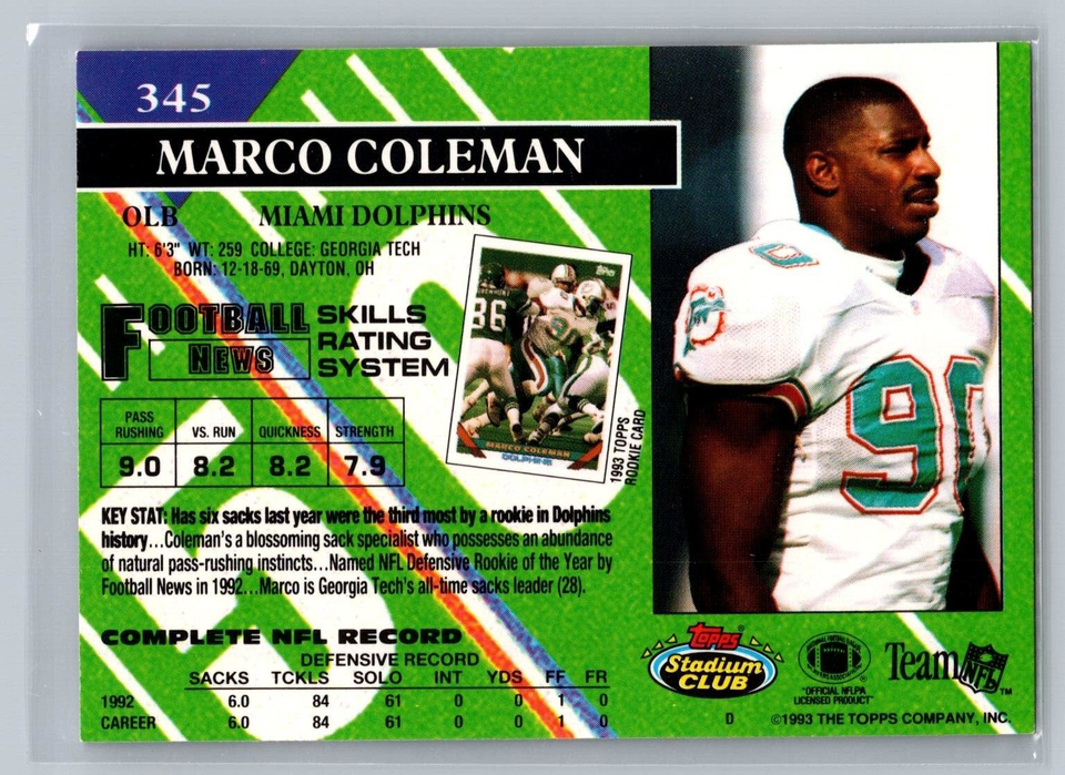 1993 TOPPS STADIUM CLUB CARD # 345 Marco Coleman - Miami Dolphins | eBay